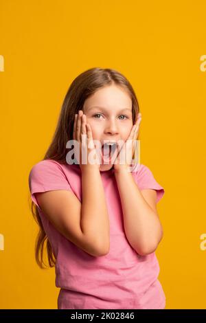 Child surprised reaction to news. excited amazed little girl Stock ...