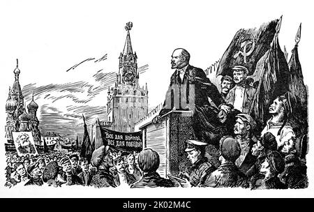 Illustration of Vladimir Lenin addressing a crowd during the Russian ...