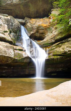 A beautiful shot of a waterfall coming out from a bridge arch in a park ...