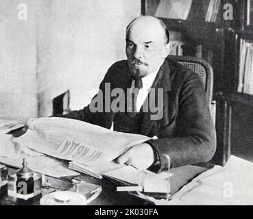 Vladimir Lenin at his desk in his office in the Kremlin. 1918, Moscow ...