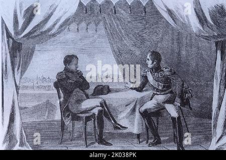 Alexander I Russia and Napoleon I (Bonaparte) of France meeting on a ...