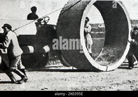 Soviet Russian construction workes building Magnitogorsk Iron and Steel ...