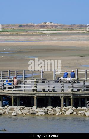 Tourists / walkers resting on wooden lookout platform, vantage point ...