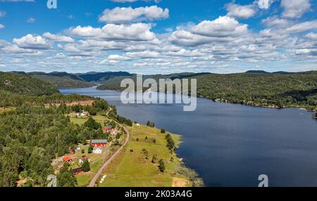 Norway, Vestfold, Larvik, landscape, forest, hut, fields, overview ...