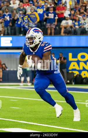 Buffalo Bills running back Zack Moss (20) looks on during pre-game warm ...