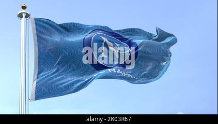 Naples, Italy, July 2022: The flag of SSC Napoli waving. SSC Napoli is ...
