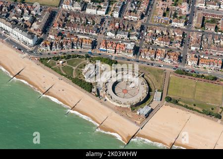 aerial view of eastbourne seafront and the redoubt fort in east sussex ...