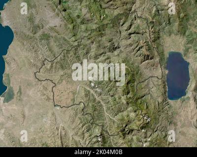 Elbasan, county of Albania. Low resolution satellite map. Corner ...