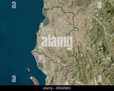 Fier, county of Albania. Low resolution satellite map. Locations and names of major cities of ...
