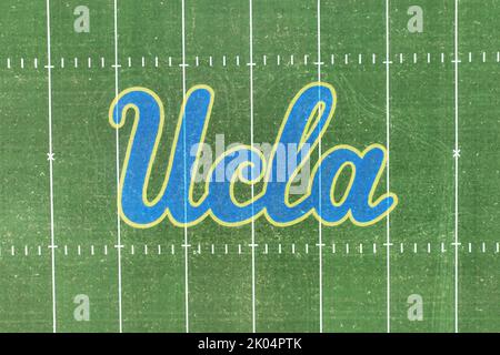The UCLA Bruins logo at midfield of the football field at Rose Bowl ...