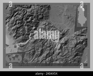 Kukes, county of Albania. Grayscale elevation map with lakes and rivers ...