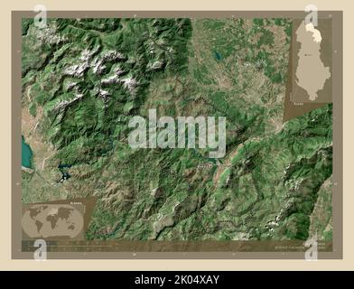 Kukes, county of Albania. High resolution satellite map. Locations of major cities of the region ...