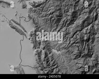 Lezhe, county of Albania. Grayscale elevation map with lakes and rivers ...