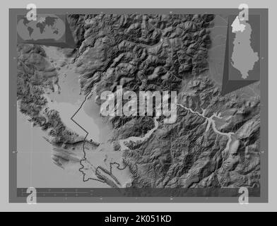 Shkoder, county of Albania. Grayscale elevation map with lakes and ...