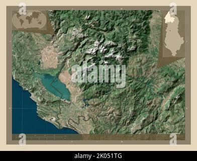Shkoder, county of Albania. High resolution satellite map. Locations and names of major cities ...