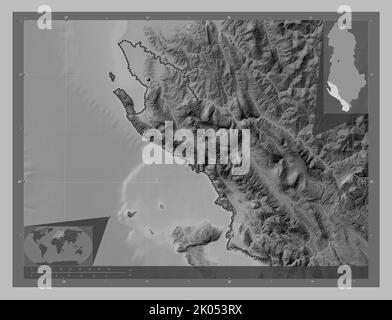 Vlore, county of Albania. Grayscale elevation map with lakes and rivers ...