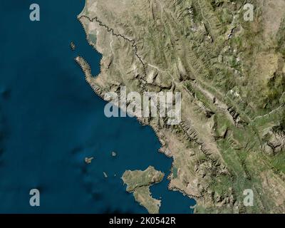 Vlore, county of Albania. Low resolution satellite map. Locations and names of major cities of ...