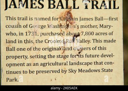 Informational sign along a trail at Sky Meadows State Park, VA, USA ...
