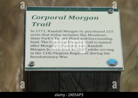 Informational sign along a trail at Sky Meadows State Park, VA, USA ...