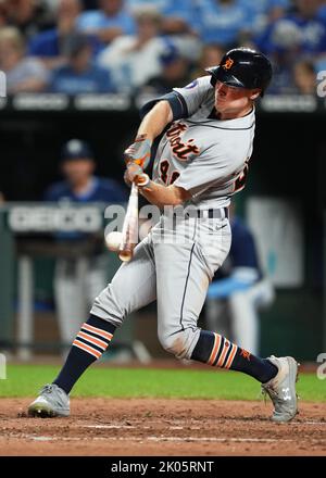 Detroit Tigers designated hitter Kerry Carpenter reacts after hitting a ...