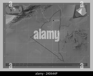 Adrar, province of Algeria. Grayscale elevation map with lakes and ...