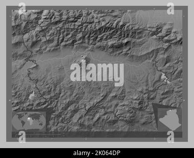 Ain Defla, province of Algeria. Grayscale elevation map with lakes and ...