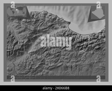 Bejaia, province of Algeria. Grayscale elevation map with lakes and ...