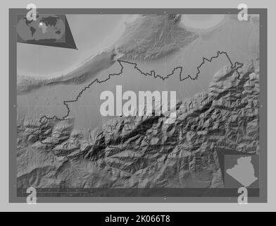 Blida, province of Algeria. Grayscale elevation map with lakes and ...
