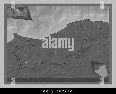 Boumerdes, province of Algeria. Grayscale elevation map with lakes and ...