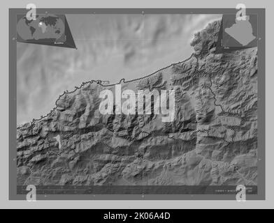 Jijel, province of Algeria. Grayscale elevation map with lakes and ...