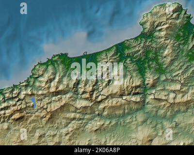 Jijel, province of Algeria. Colored elevation map with lakes and rivers ...