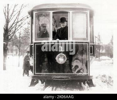 Thomas Edison with trolley car powered by Edison Storage Batteries ...