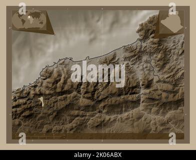 Jijel, province of Algeria. Colored elevation map with lakes and rivers ...