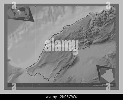 Mostaganem, province of Algeria. Grayscale elevation map with lakes and ...