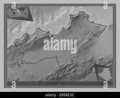 Oran, province of Algeria. Grayscale elevation map with lakes and ...