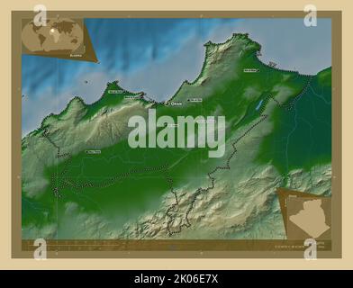 Oran, province of Algeria. Colored elevation map with lakes and rivers ...