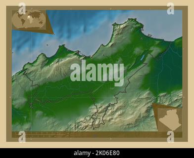 Oran, province of Algeria. Colored elevation map with lakes and rivers ...