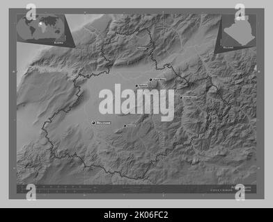 Relizane, province of Algeria. Grayscale elevation map with lakes and ...