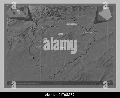 Tiaret, province of Algeria. Grayscale elevation map with lakes and ...