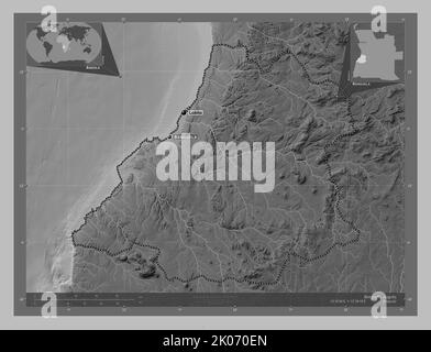 Benguela, province of Angola. Grayscale elevation map with lakes and ...