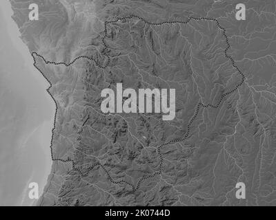 Cuanza Sul, province of Angola. Grayscale elevation map with lakes and rivers. Locations of ...