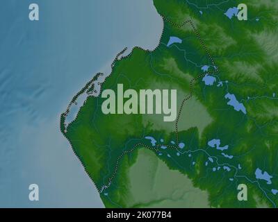 Luanda, province of Angola. Colored elevation map with lakes and rivers ...
