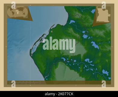 Luanda, province of Angola. Colored elevation map with lakes and rivers ...