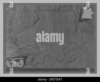 Uige, province of Angola. Grayscale elevation map with lakes and rivers ...