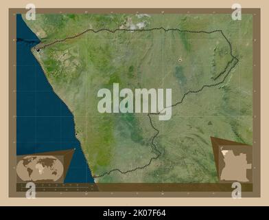 Zaire, province of Angola. Low resolution satellite map. Locations and ...