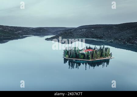 Aerial view of Visovac Monastery, located in Krka National Park &built ...