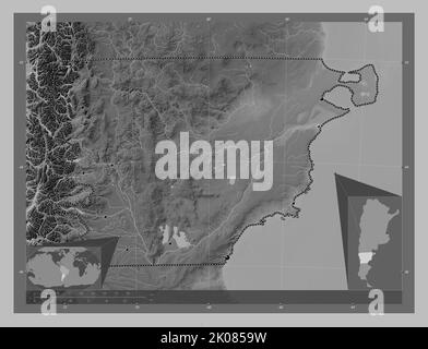 Chubut, province of Argentina. Grayscale elevation map with lakes and ...