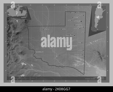La Pampa, province of Argentina. Grayscale elevation map with lakes and ...