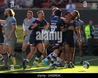 Bristol Bears' Ellis Genge scores his side's sixth try of the game ...