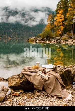 Picnic in the Bavarian mountains, Germany. Hand with mug of cacao and ...
